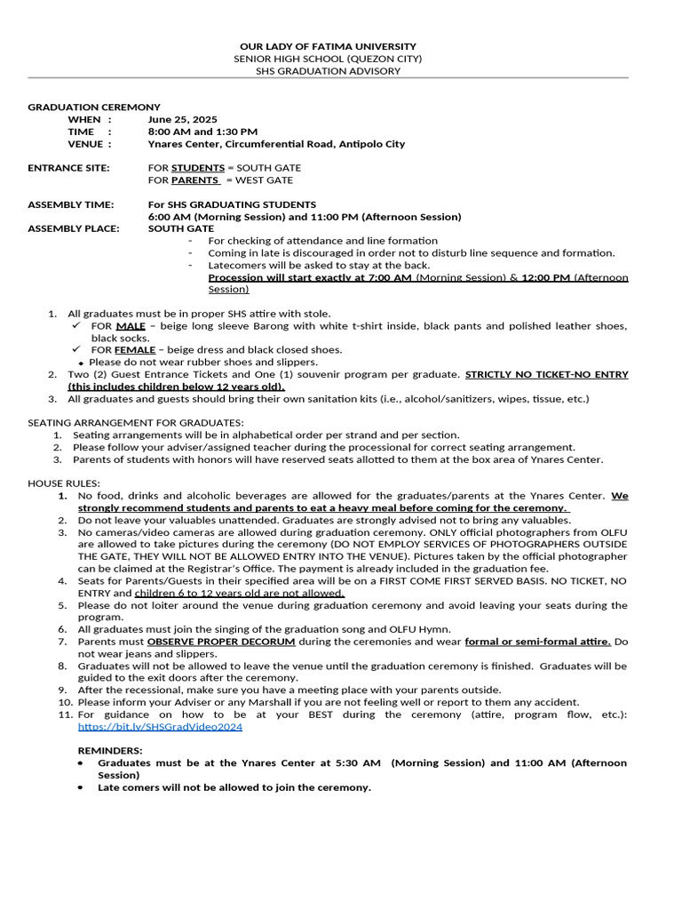 OLFU SHS Graduation Advisory 2025 | PDF