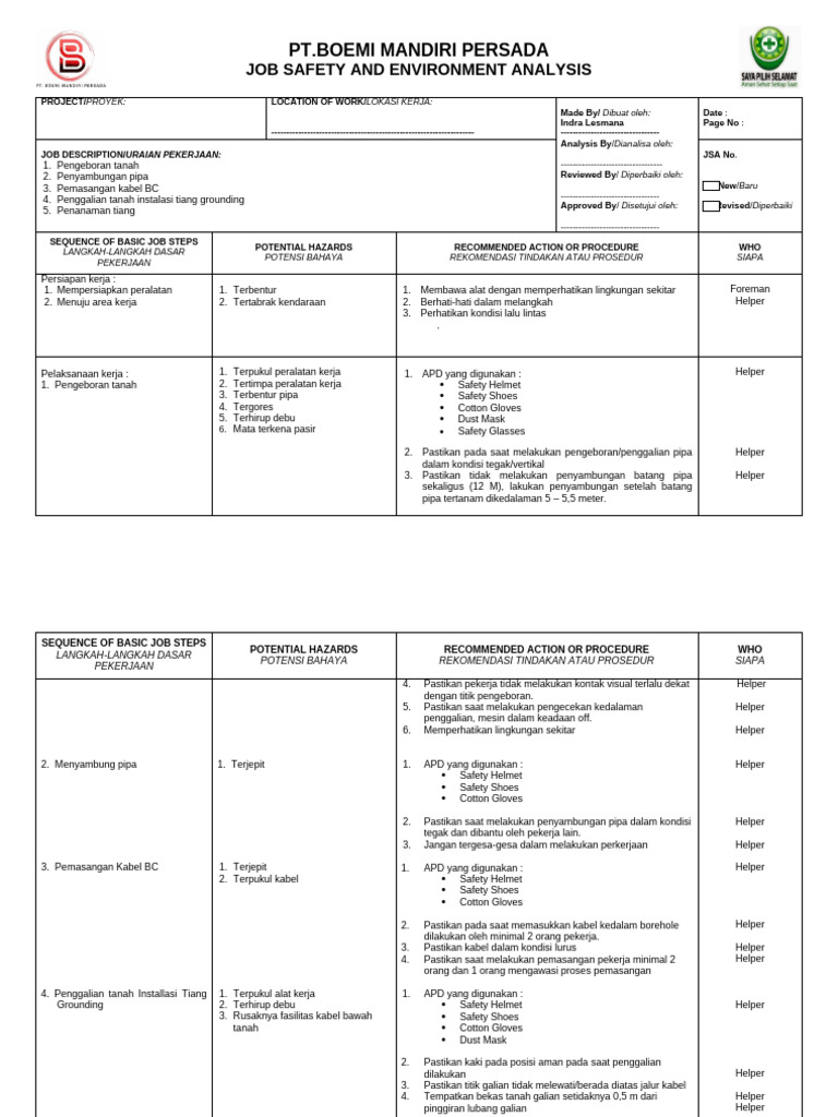 JSA Borehole Grounding (Rev) | PDF