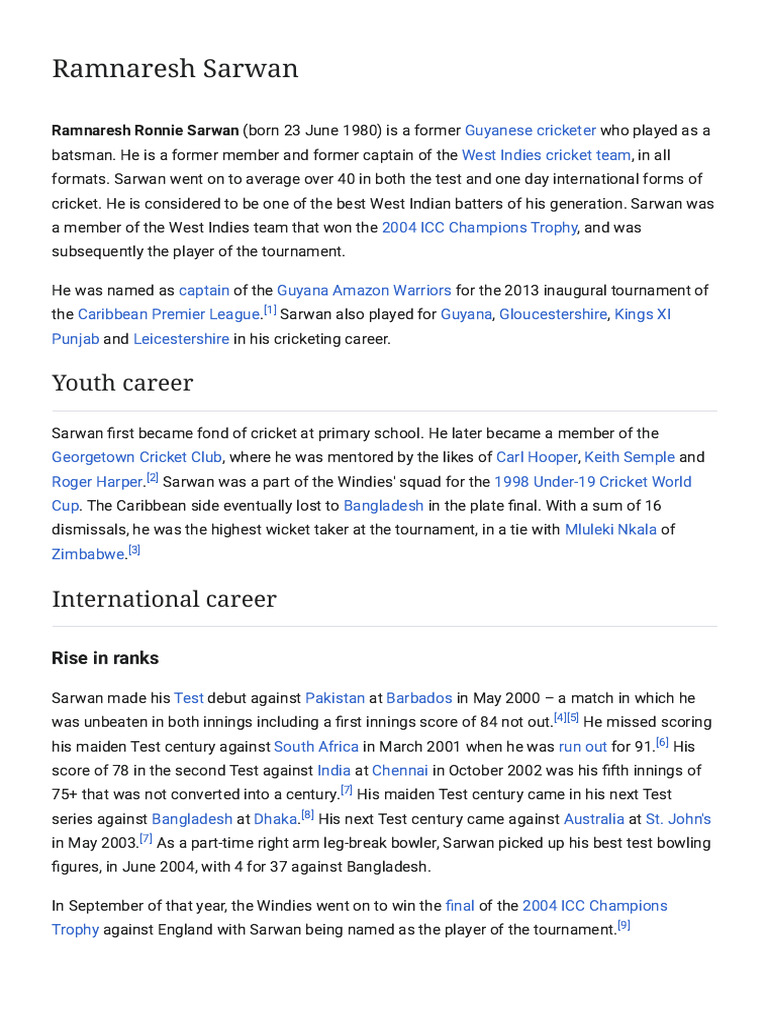 Ramnaresh Sarwan - Wikipedia | PDF | Forms Of Cricket | Sports