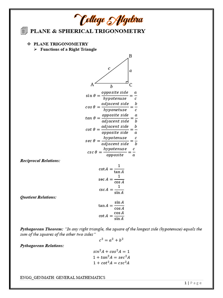 Trigonometry Concepts and Formulas | PDF | Sphere | Triangle