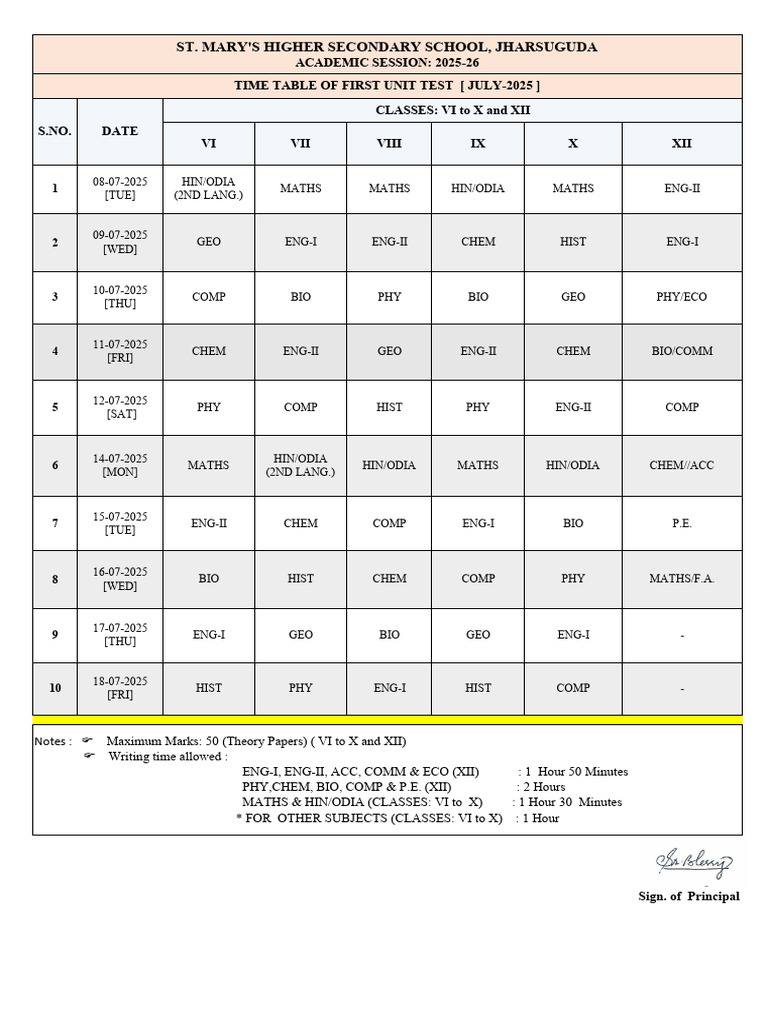 12th Unit Test Timetable 2025 | PDF