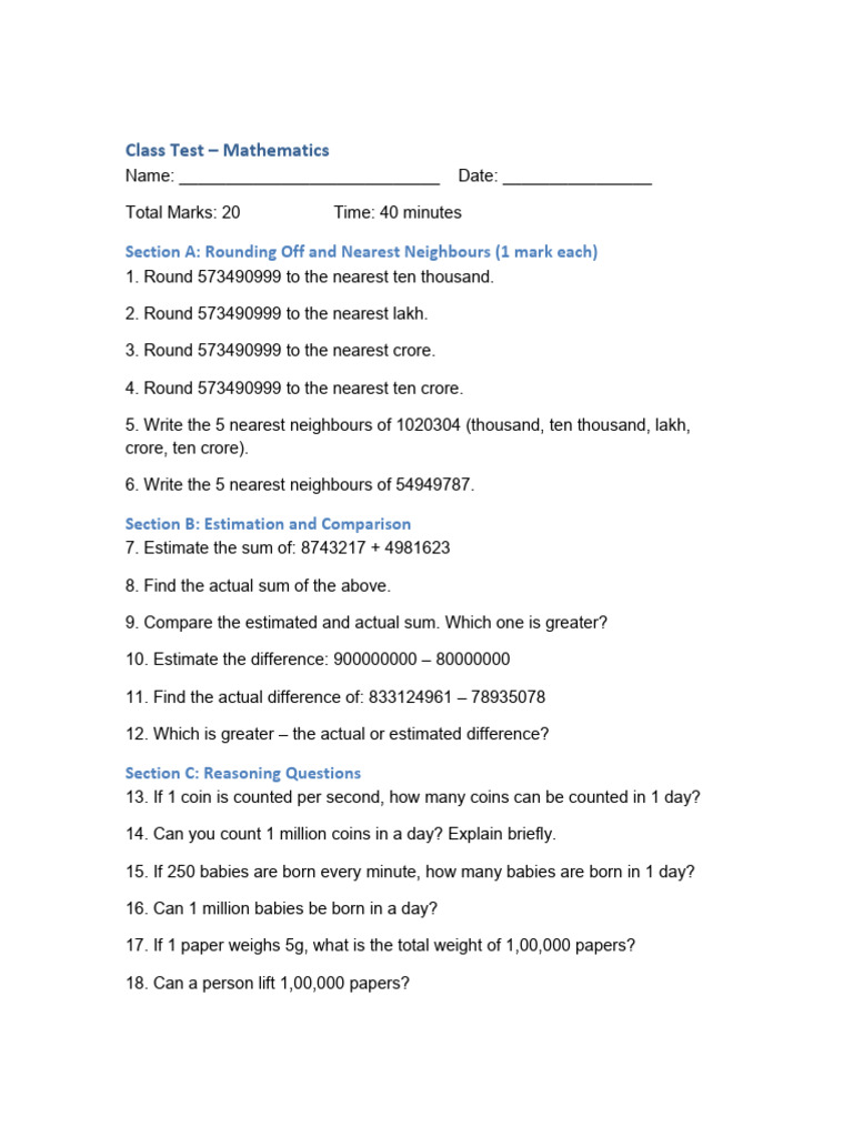 Class Test Maths Question Paper | PDF
