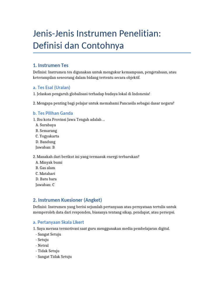 Jenis Instrumen Penelitian dan Contohnya | PDF