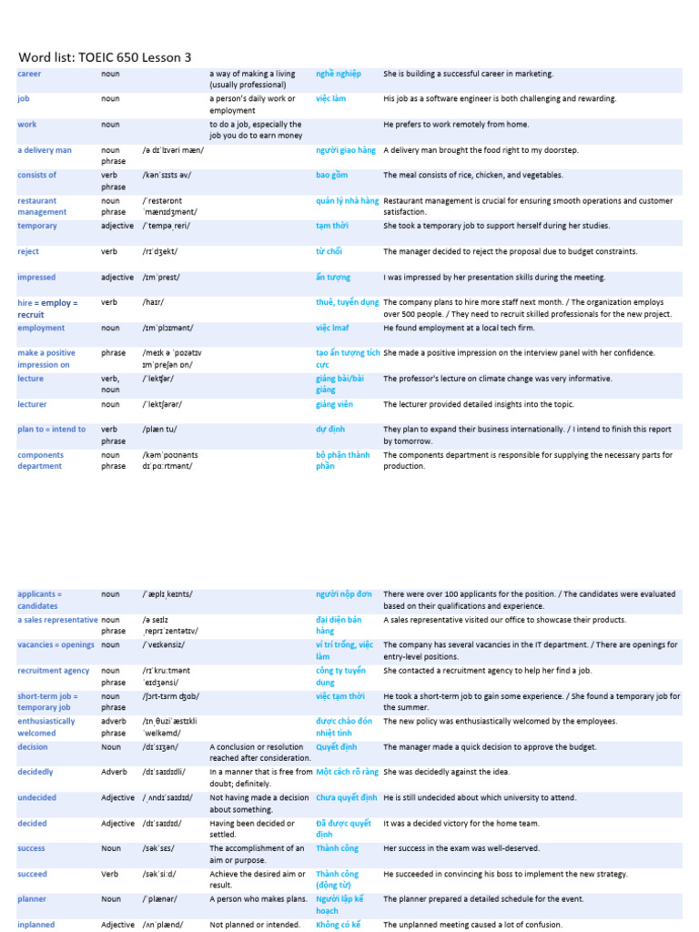 TOEIC 650 Lesson 3 Wordlist | PDF | Adjective | Verb