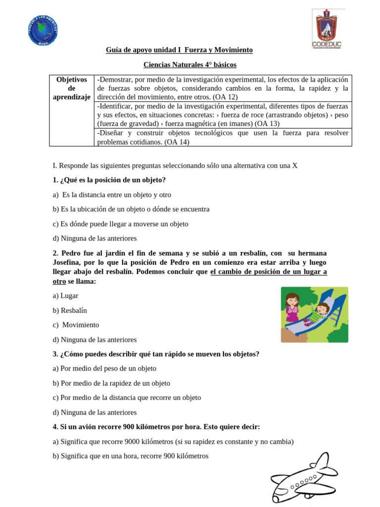 Guía de Apoyo Unidad I Fuerza y Movimiento Ciencias 4° Basicos | PDF ...