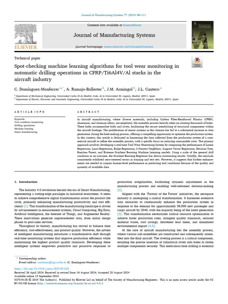 Spot Checking Machine Learning Algorithms For Tool Wear Mo 2024 Journal of M | PDF | Machine ...