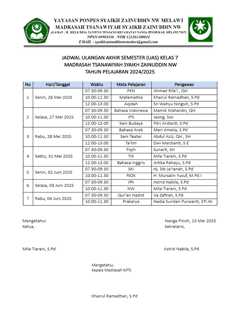 Jadwal UAS MTS 2025 Kelas 7 & 8 | PDF