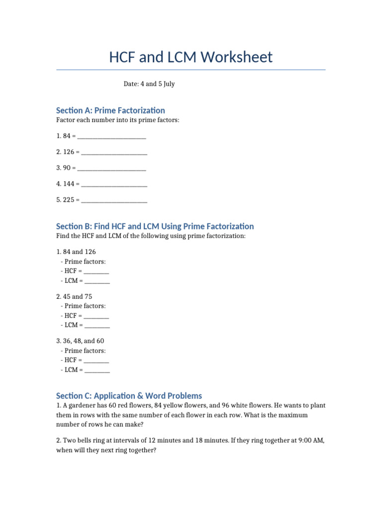 HCF and LCM Worksheet for Students | PDF