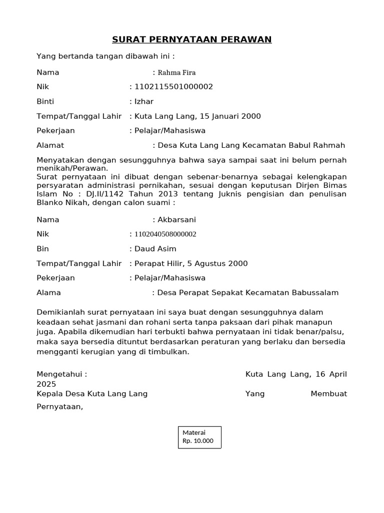 Surat Pernyataan Jejaka, Perawan | PDF