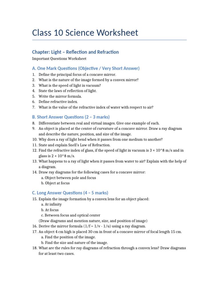 Class10 Light Reflection Refraction Worksheet | PDF