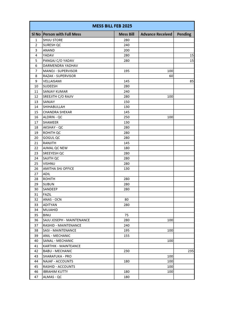 Mess Bill March 2k25 | PDF
