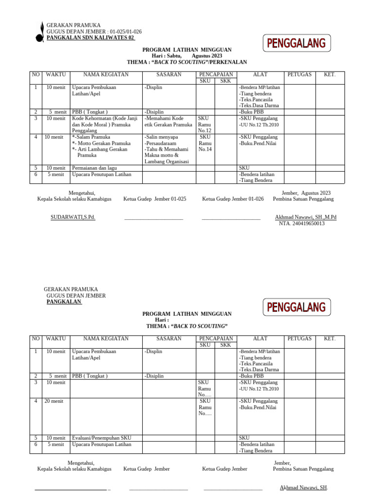 Program Latihan Mingguan Penggalang | PDF