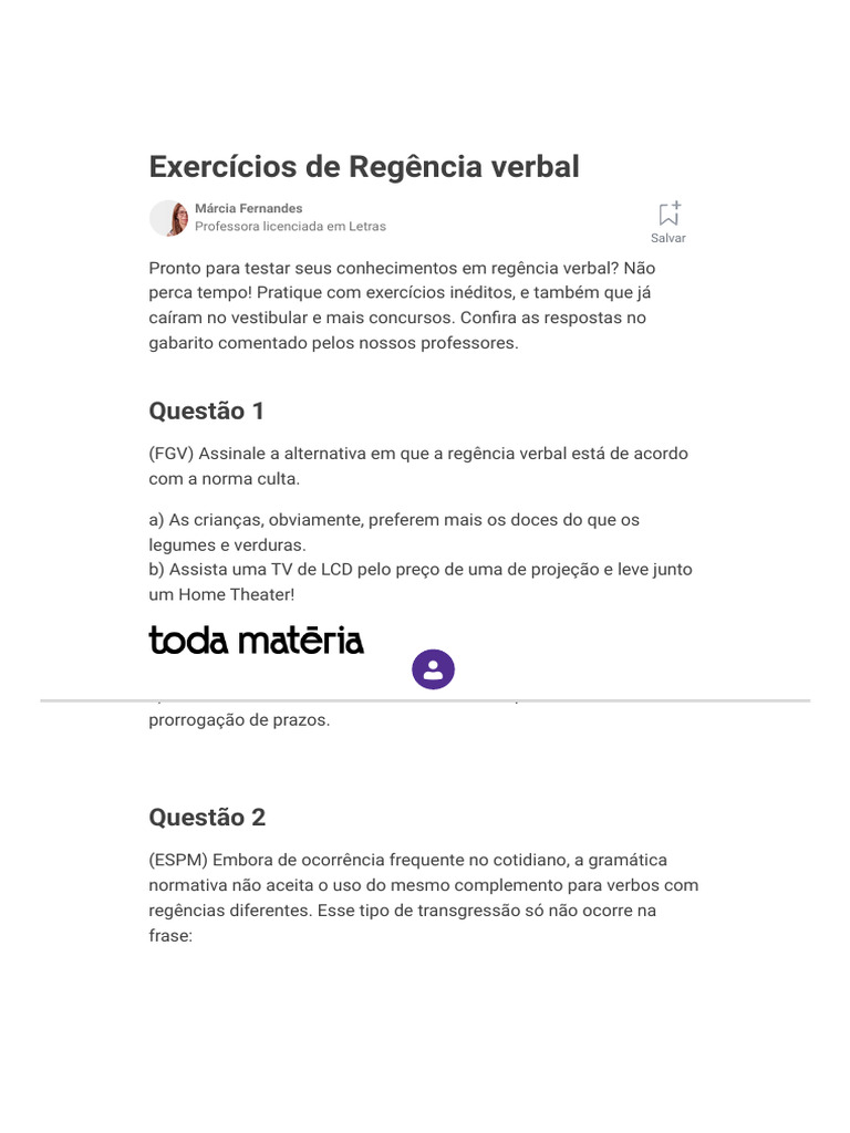 33 Exercícios de Regência Verbal Com Gabarito - Toda Matéria | PDF
