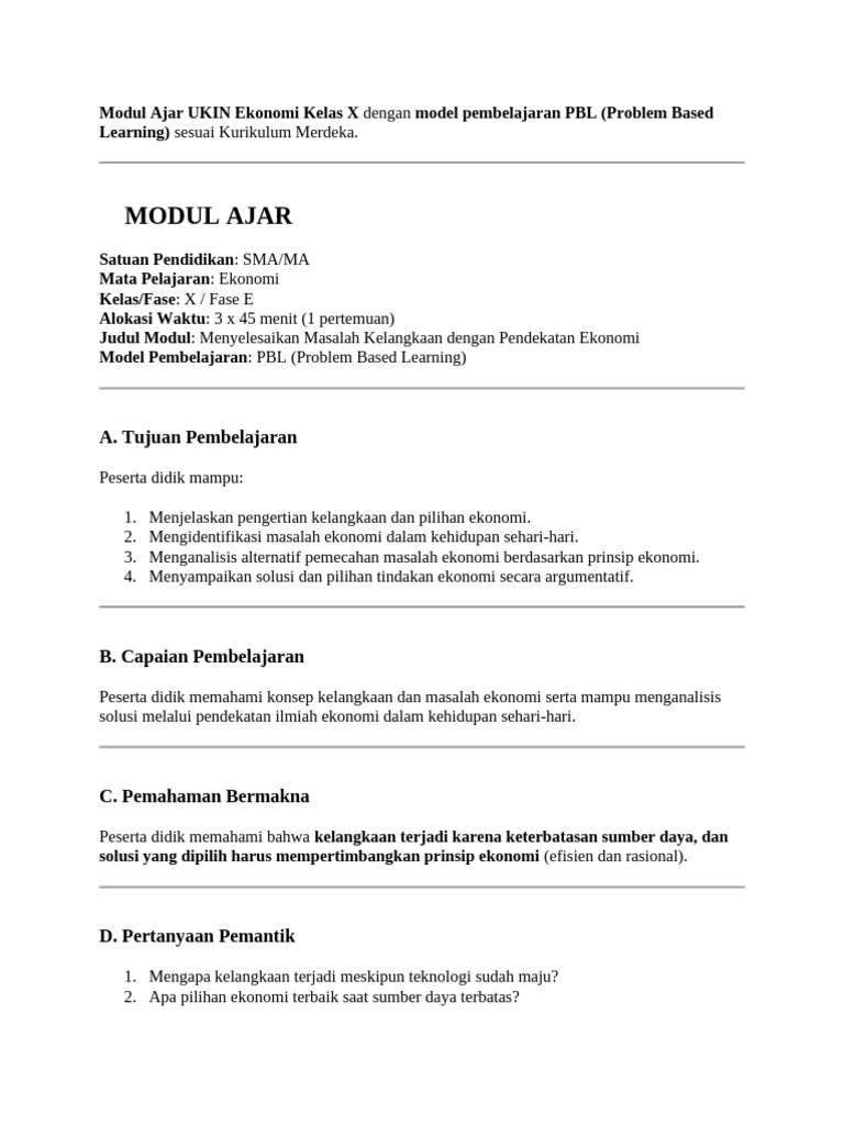 Modul PBL Ekonomi Kelas 10: Kelangkaan | PDF