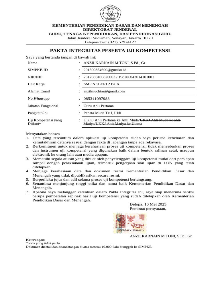 Pakta Integritas Peserta Uji Kompetensi 2025 | PDF