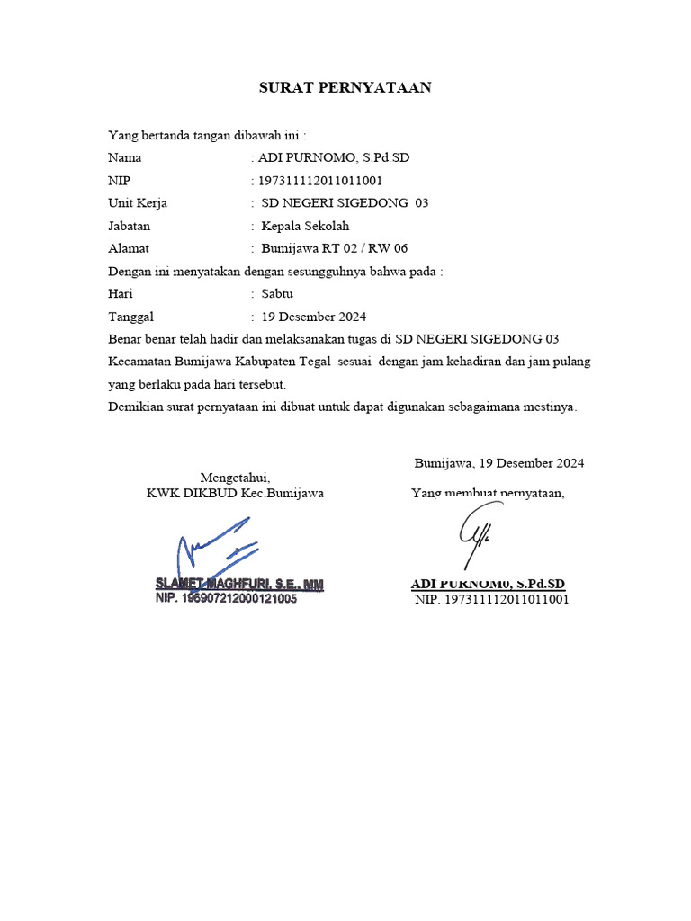 Surat Pernyataan Lupa Absen 19 | PDF