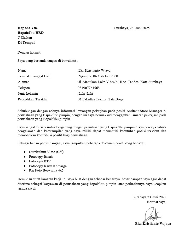 Surat Lamaran Kerja Eka Kristianto Wijaya | PDF