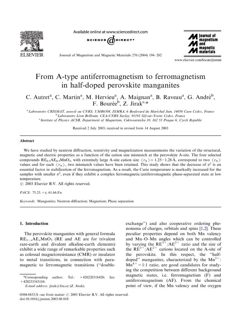 A-type Antiferromagnetism in Manganites | PDF | Ferromagnetism | Magnetism