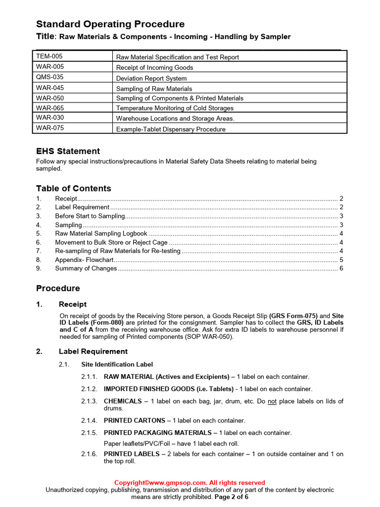 WAR 010 Incoming Raw Material and Components Handling by Sampler Sample ...