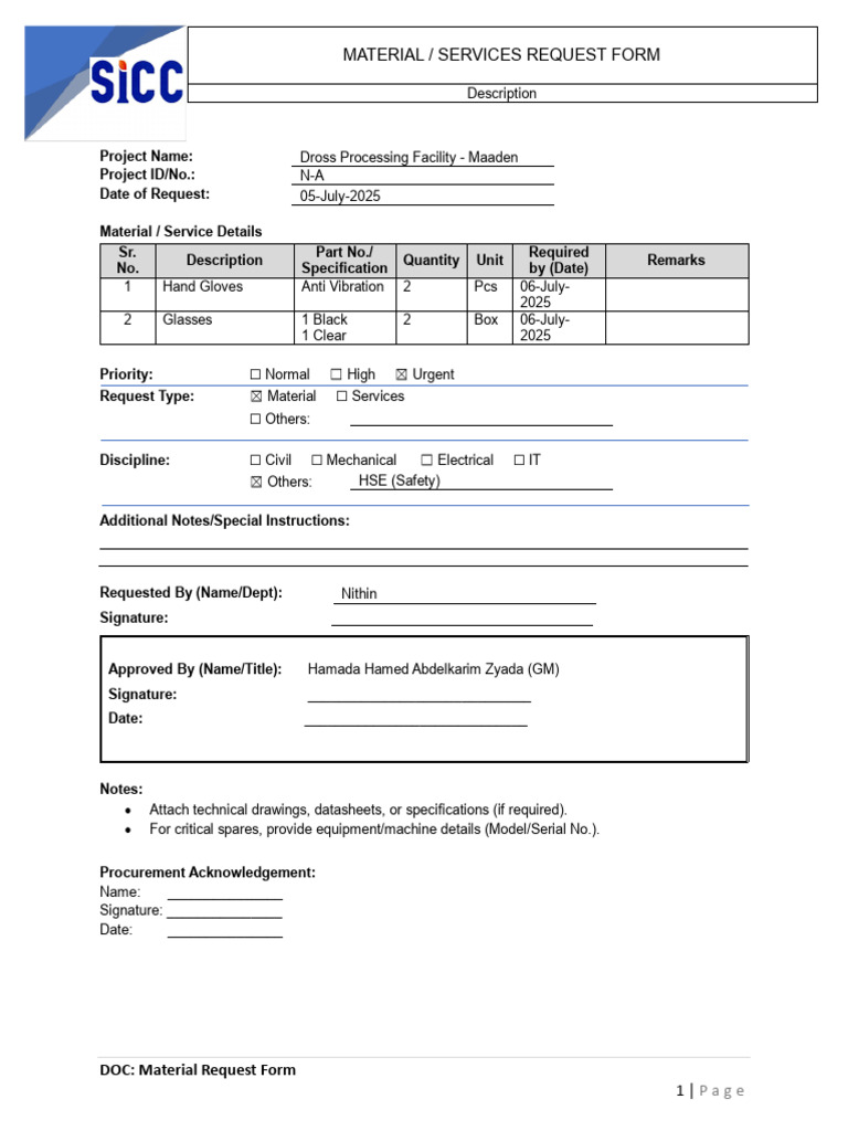 Material Request Form for Project Supplies | PDF