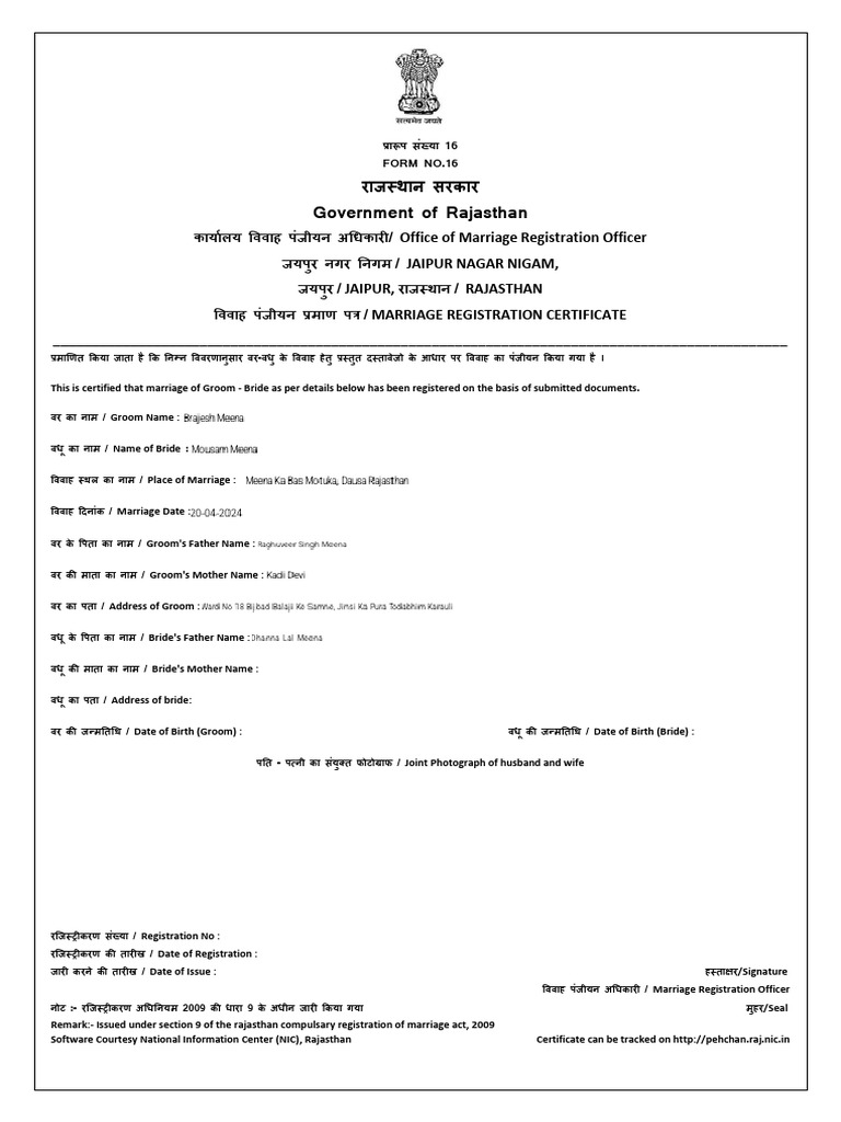 Marriage Ceritificate Sample | PDF