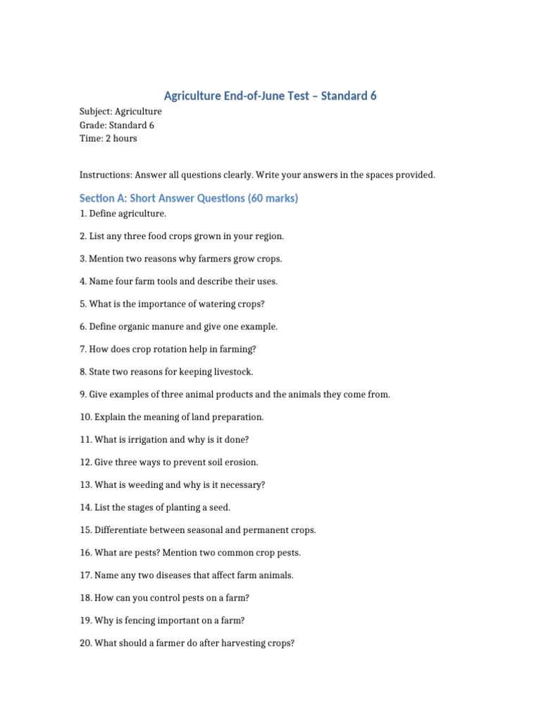 Standard 6 Agriculture Test Questions | PDF | Agriculture | Agronomy
