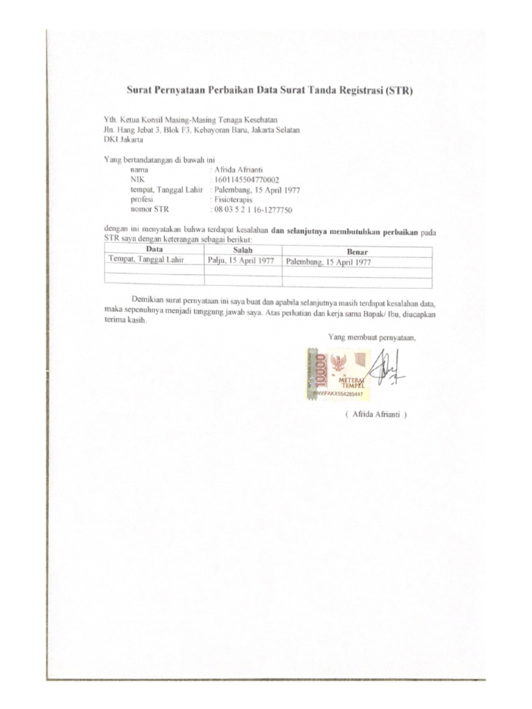 Surat Pernyataan Afrida | PDF