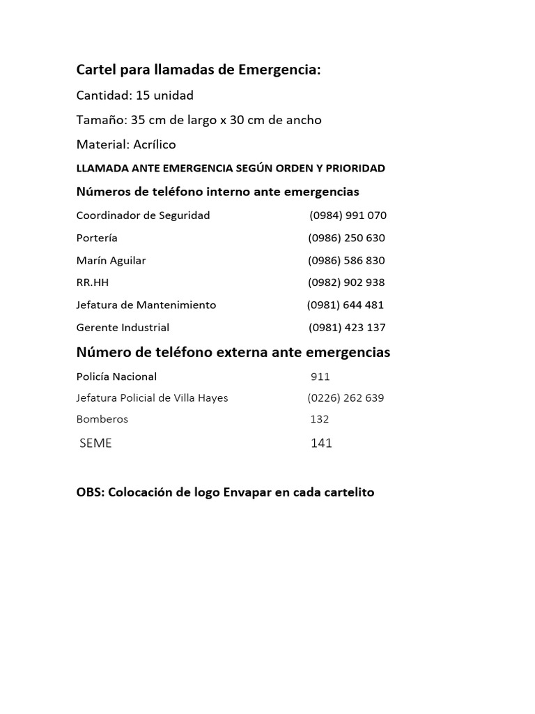 Cartel para Llamadas de Emergencia - Envapar | PDF