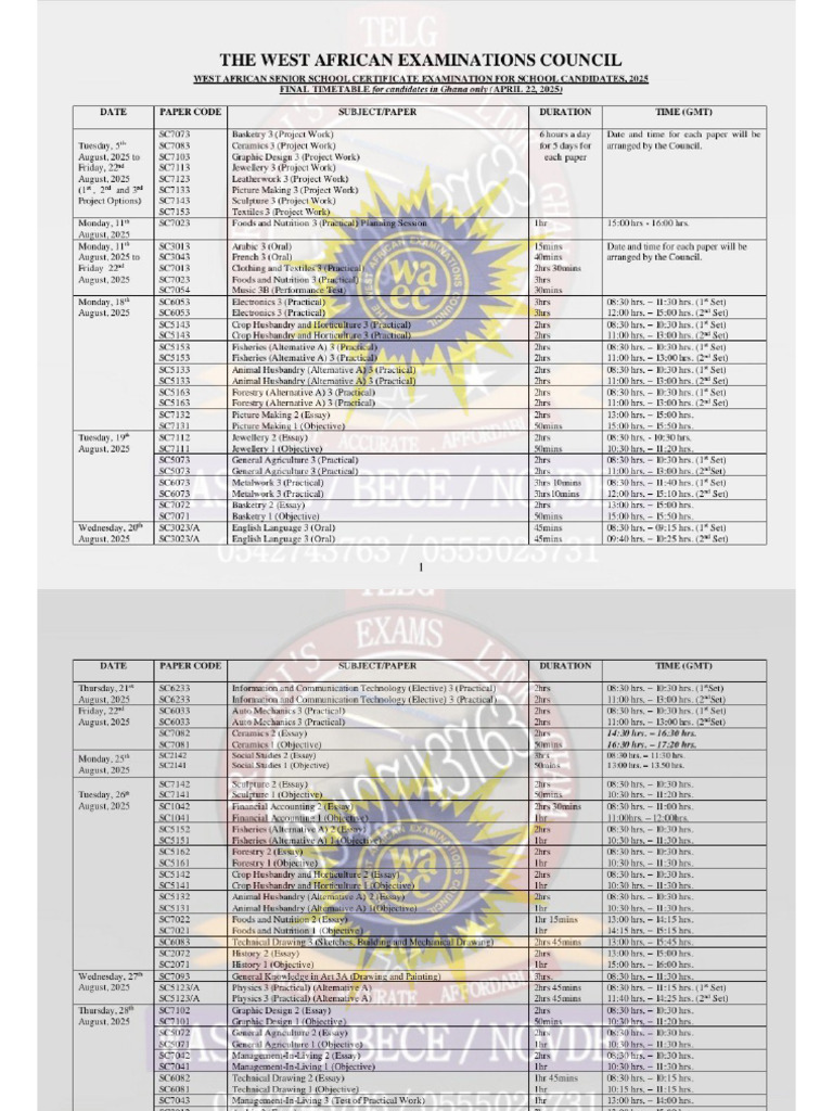 Wassce 2025 Confirmed Final Timetable | PDF