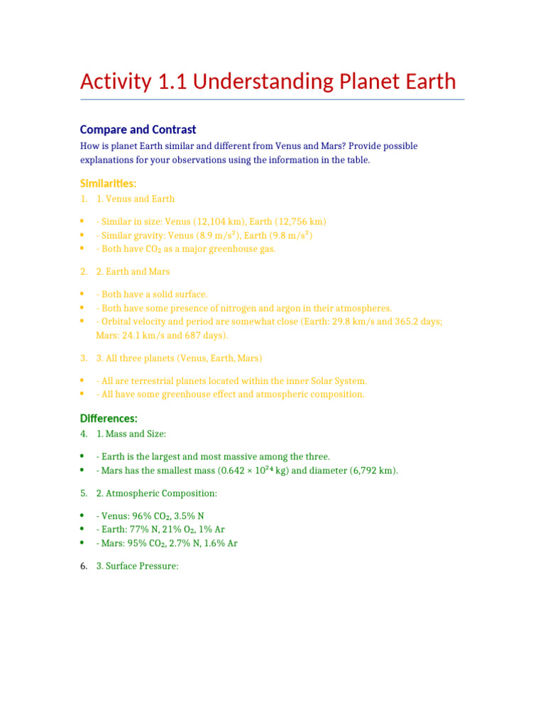 Planet Comparison Activity | PDF