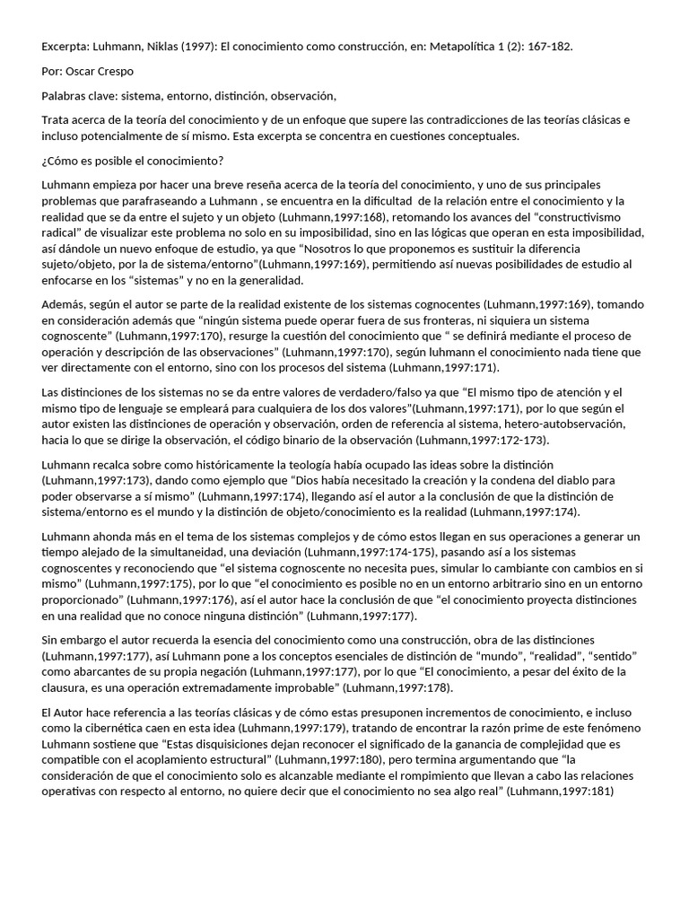 Excerpta Luhmann | PDF | Conocimiento | Realidad