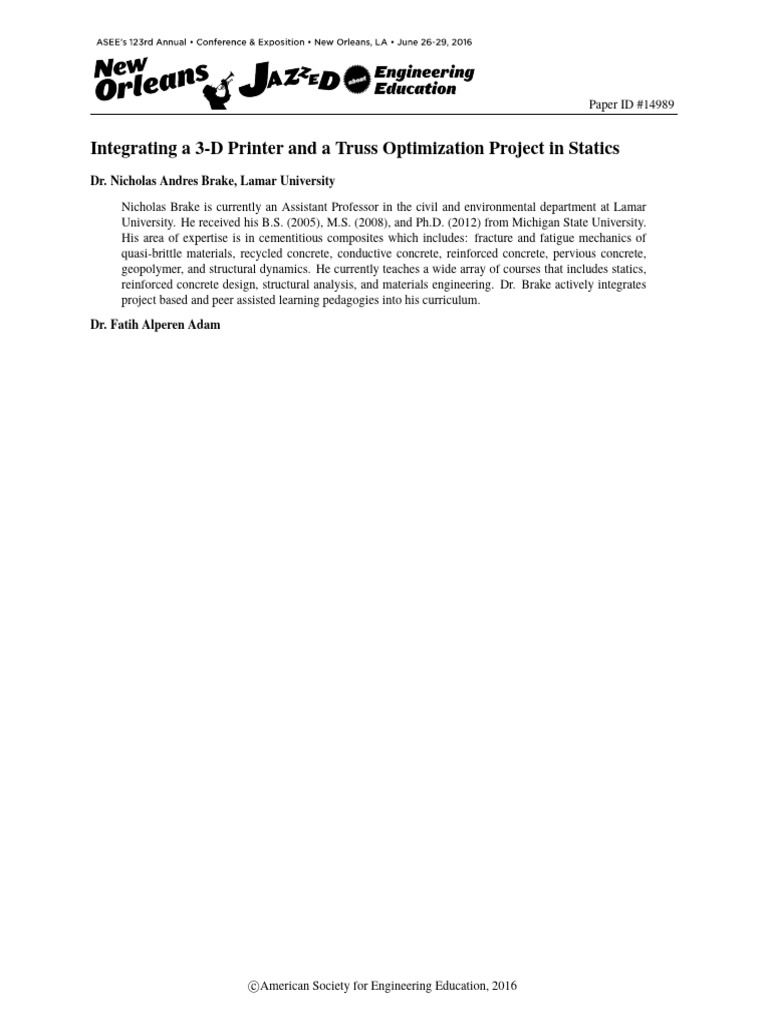 Integrating A 3 D Printer and A Truss Optimization Project in Statics | PDF | Strength Of ...