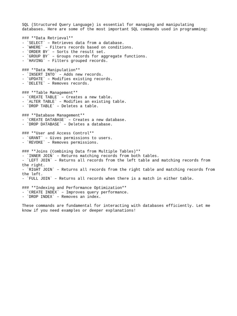 SQL (Structured Query Language) Commands | PDF