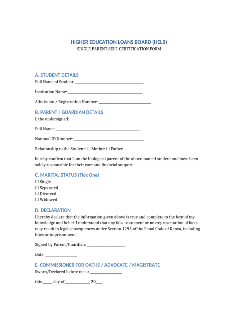 Single Parent Self Certification HELB | PDF