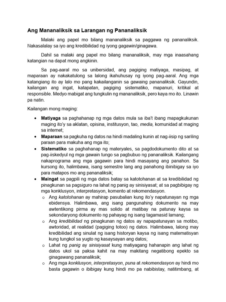 Ang Mananaliksik Sa Larangan NG Pananaliksik | PDF