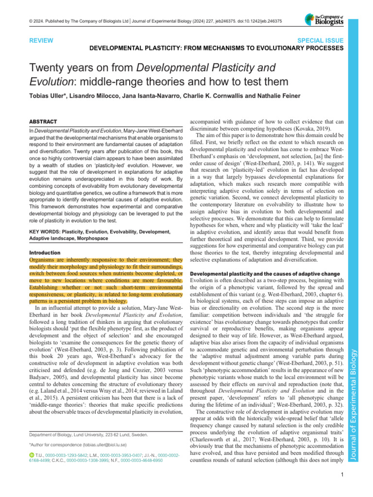 Twenty Years On From Developmental Plasticity and Evolution Middle ...