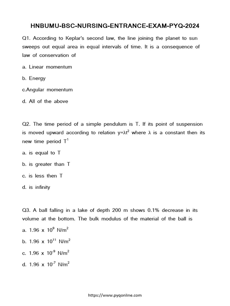 Hnbumu BSC Nursing Entrance Exam Pyq Set A 2024 | PDF