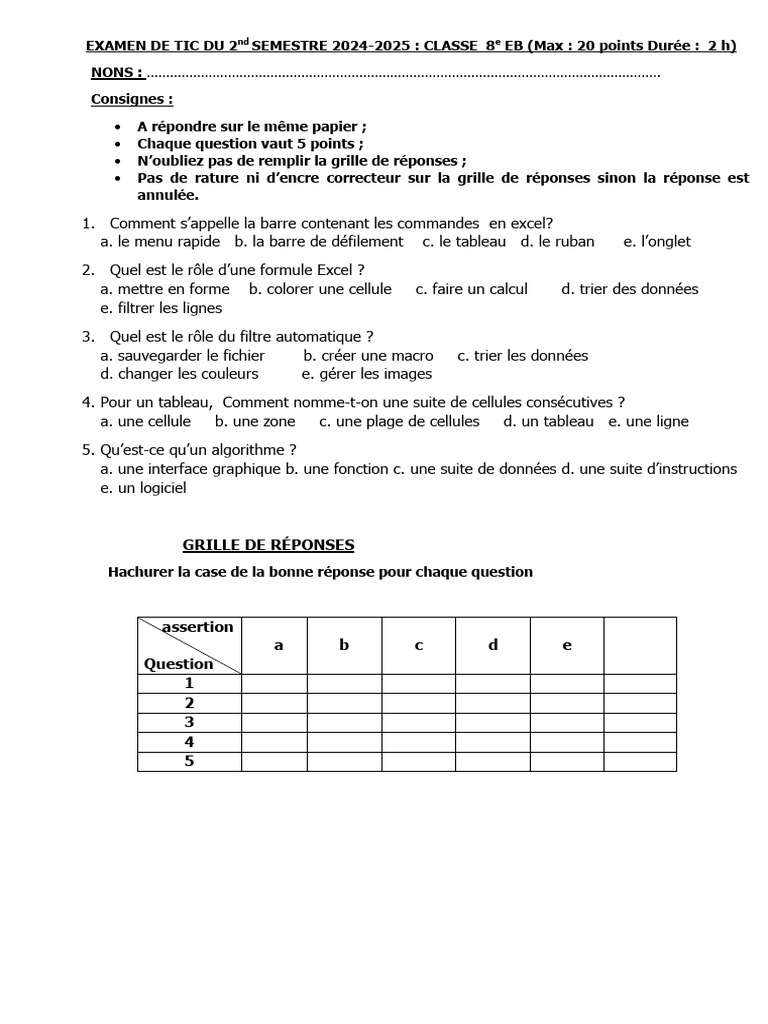 Hachurer une cellule Excel en examen | PDF