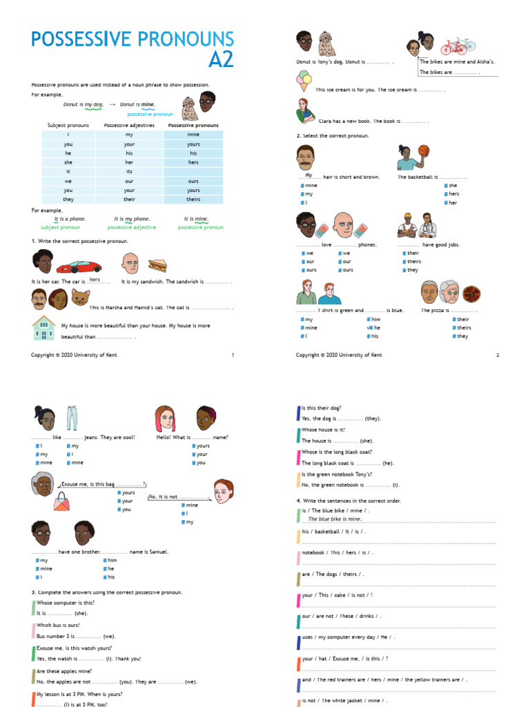 Possessive Pronouns A2 Students Worksheet | PDF | Pronoun | Linguistics