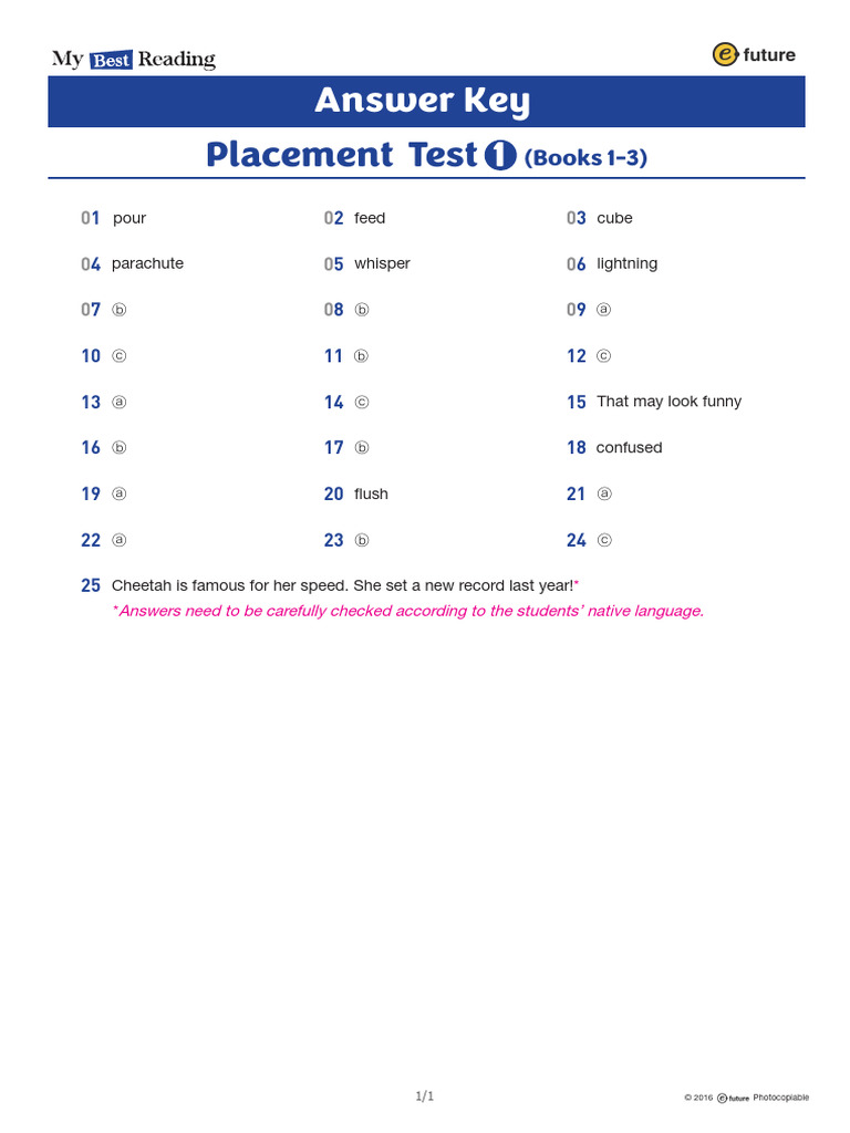 My Best Reading - Placement Test 1 - Answer Key | PDF