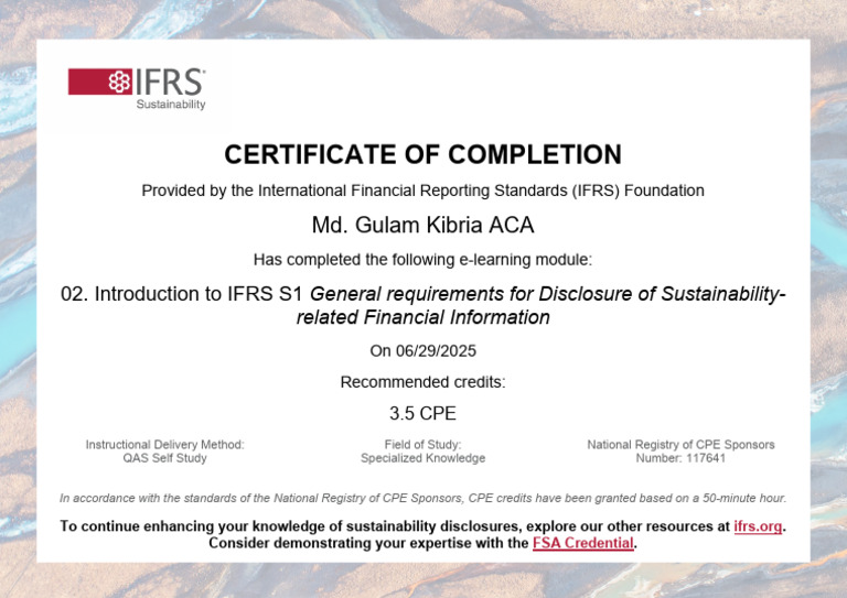 Completion Certificate for IFRS S1 Module | PDF