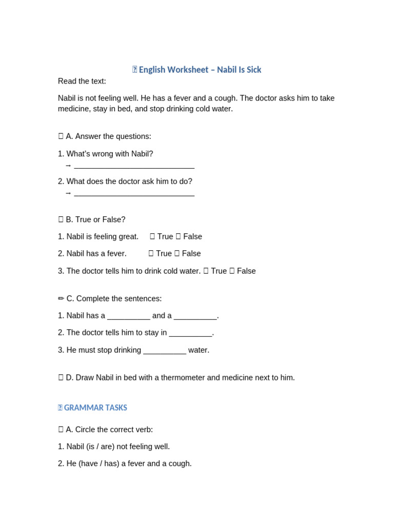 Nabil Is Sick Worksheet Updated | PDF