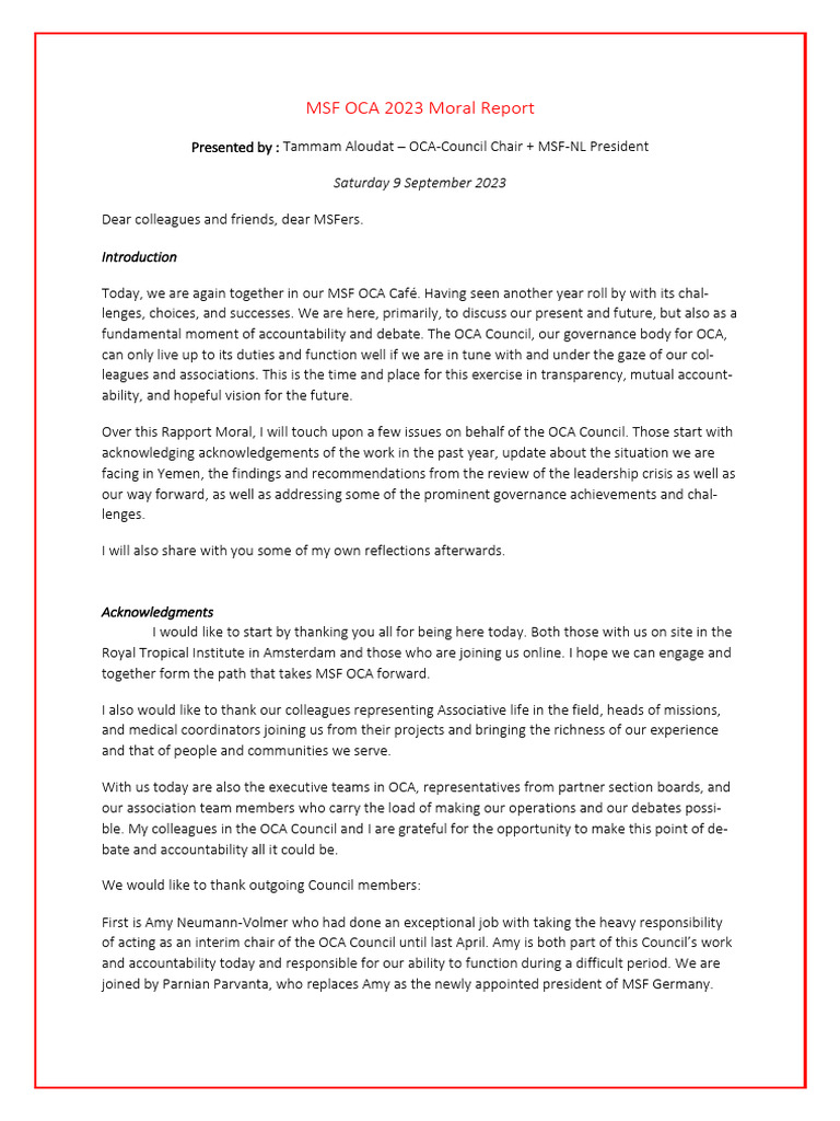 MSF OCA 2023 Moral Report Overview | PDF | Governance | Médecins Sans ...
