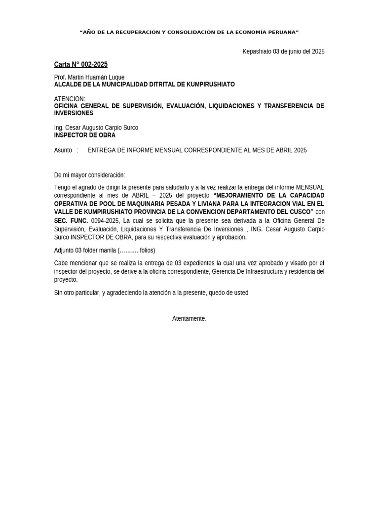 Carta Informe Mensual Abril | PDF