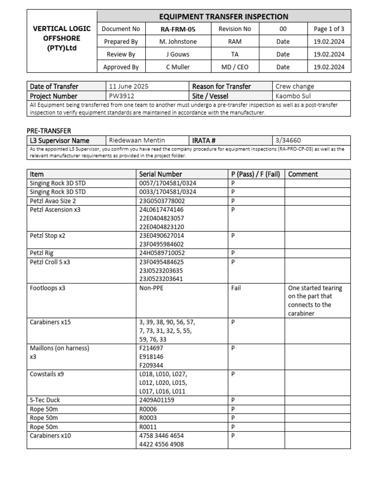 Equipment Transfer Inspection Report | PDF | Manufactured Goods