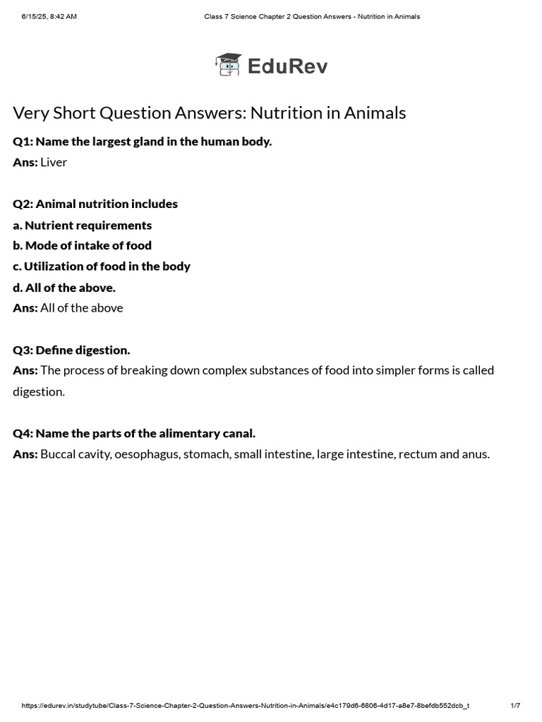 Class 7 Science Chapter 2 Question Answers - Nutrition in Animals | PDF ...