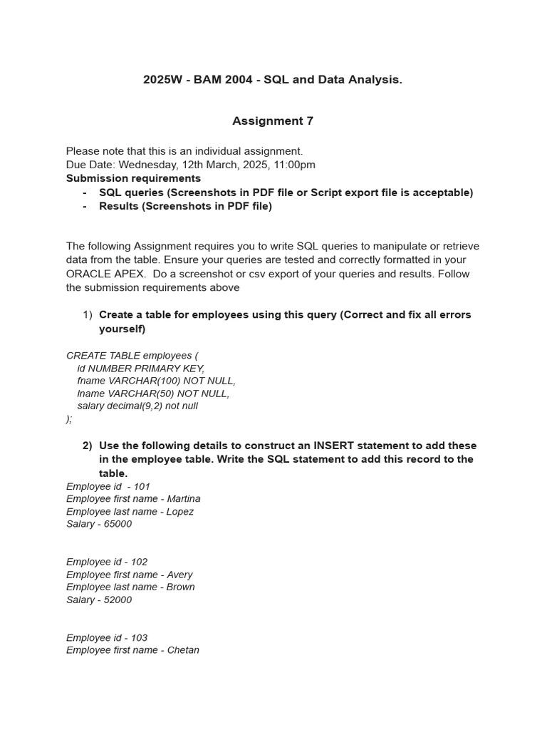 Assignment 7 - 2025W - BAM 2004 - SQL and Data Analysis | PDF