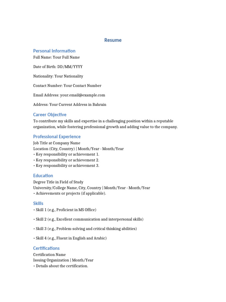 Bahrain Resume Format | PDF