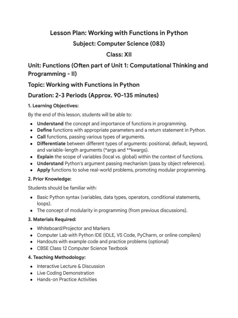 Lesson Plan For CBSE Class 12 Comp. Sci. | PDF | Parameter (Computer Programming) | Scope ...
