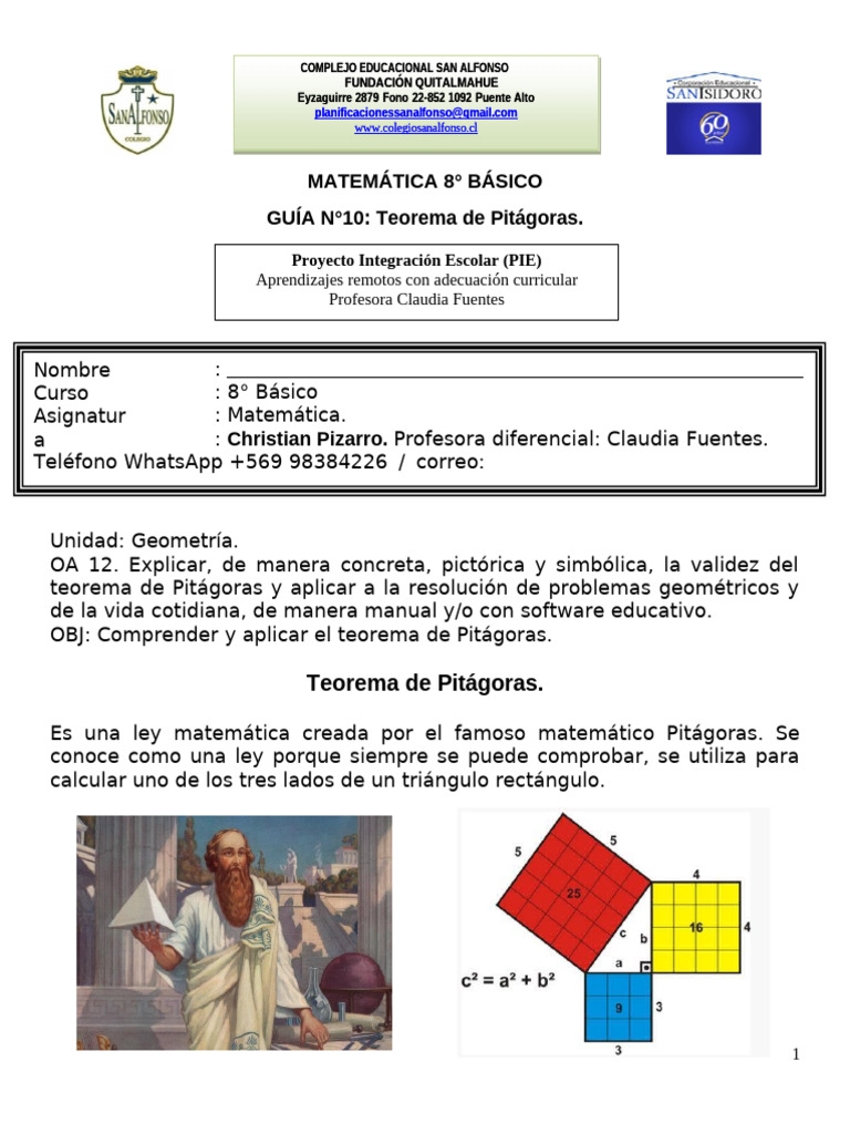 Teorema de Pitágoras para 8° Básico | PDF | Triángulo | Geometría ...